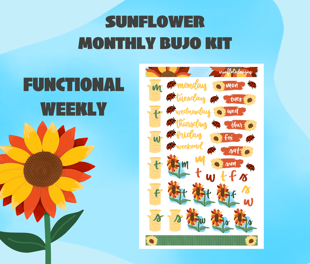 Sunflower Theme Monthly Planner Sticker Kit Digital Download – Erin ...